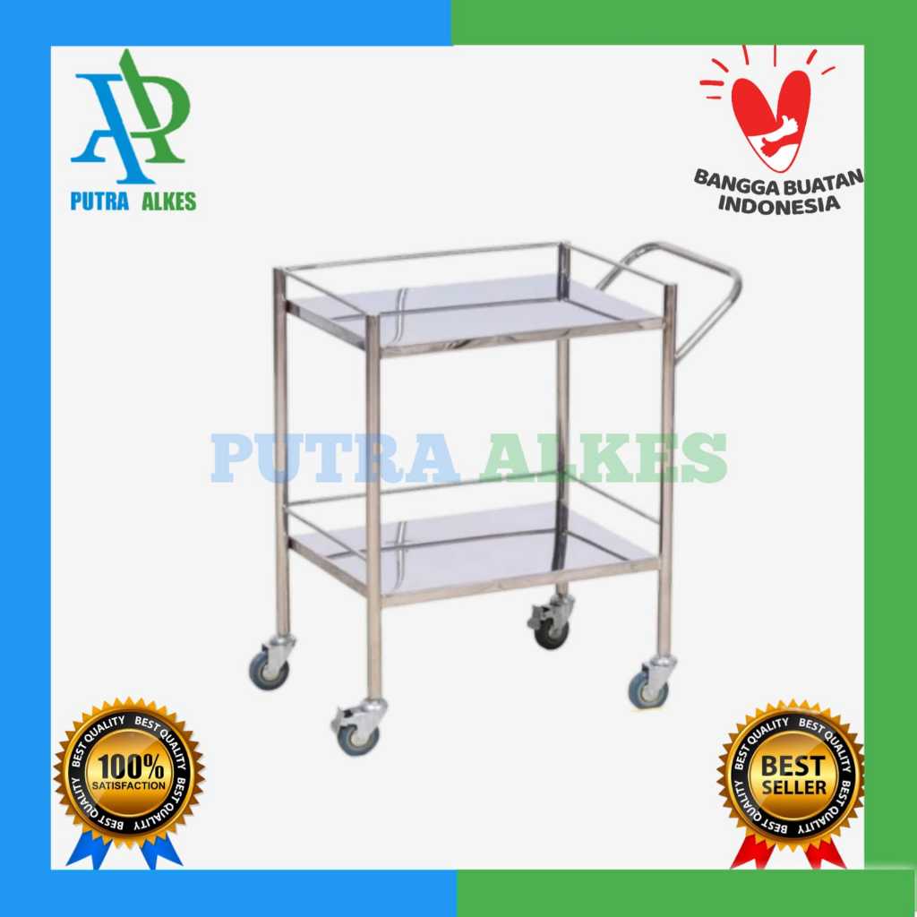 Jual Trolley Instrumen 2 Susun Stainless - Troli Medis 2 Rak Stainless ...
