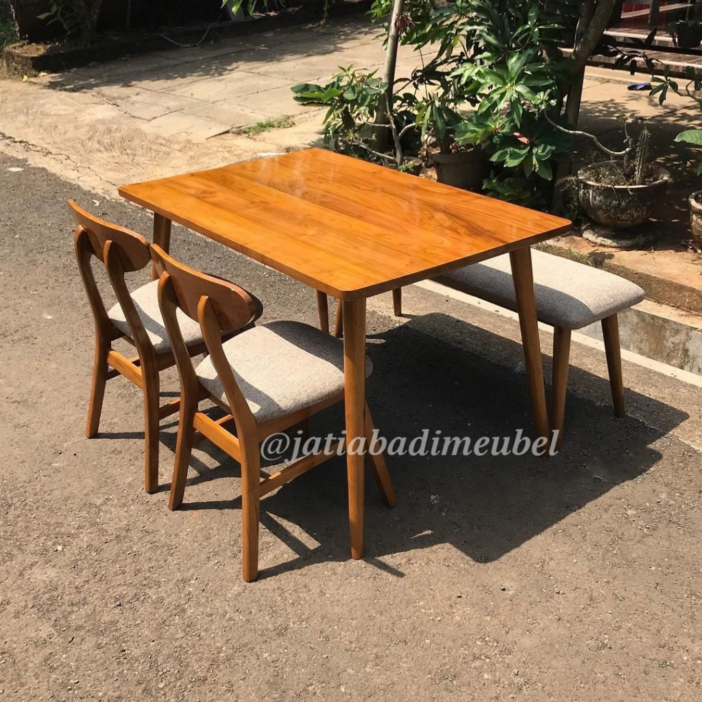 Jual Set Meja Makan Minimalis Kayu Jati dengan Bench, Set Kursi Makan ...