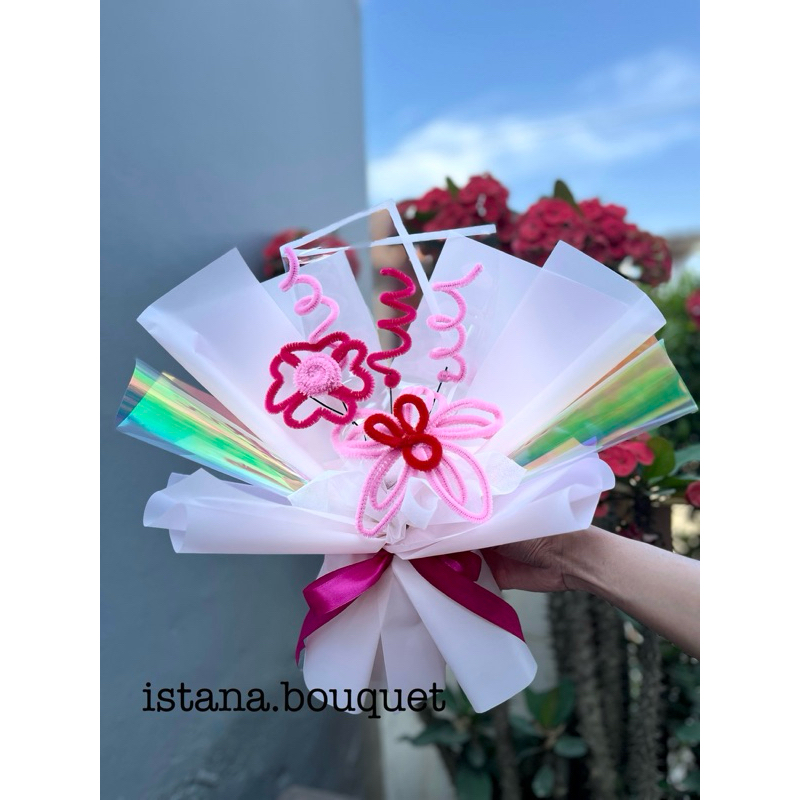 Jual Buket bunga kawat bulu wrapping hologram|buket bunga lucu|buket ...