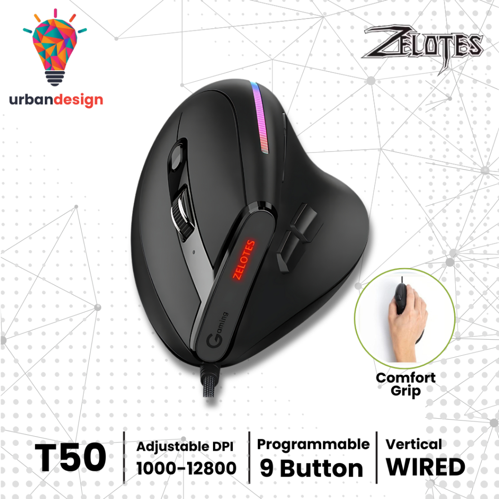 Jual Zelotes T50 Vertical Ergonomic Mouse RGB Gaming 3200 DPI 7 Button ...