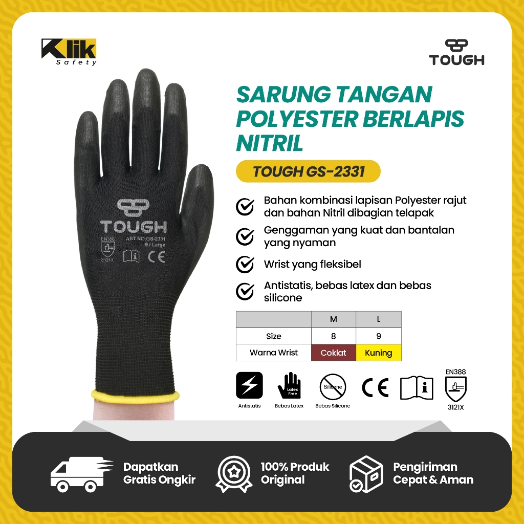Jual Tough GS-2331 Sarung Tangan Kerja Palm Fit Polyester Berlapis PU ...