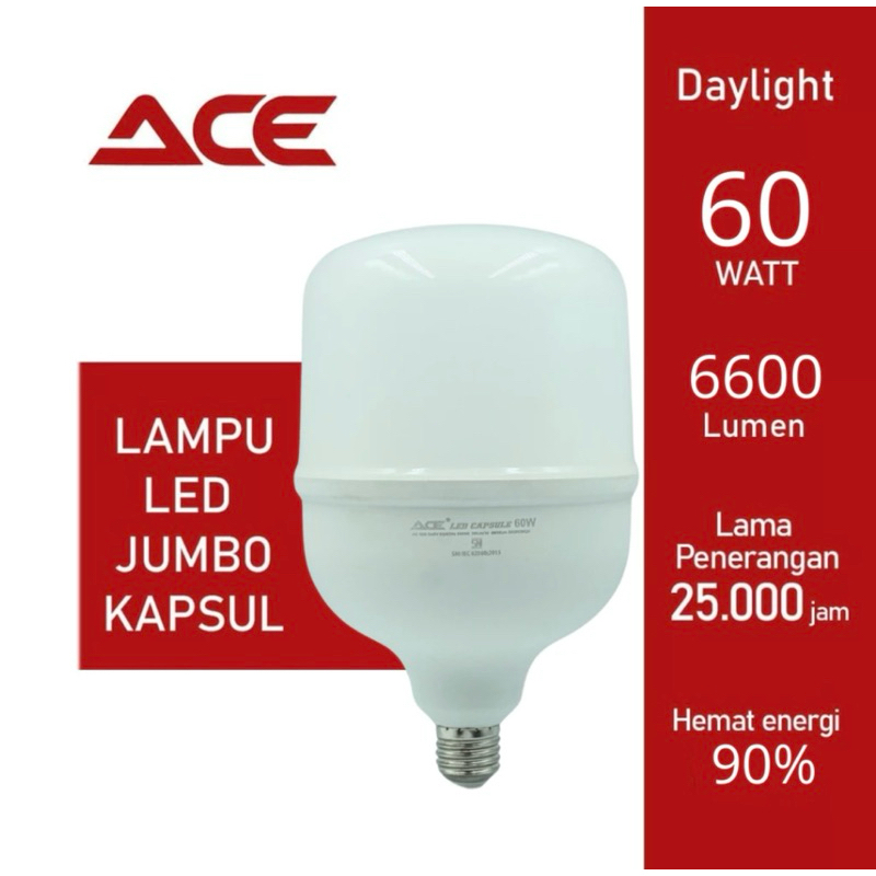 Jual ACE Lampu LED T Bulb Capsule Kapsul 60W 60 Watt Cahaya Putih Body Jumbo Super Terang ...