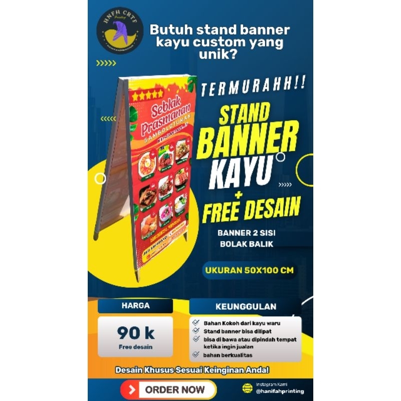 Jual standing banner kayu 2 sisi l standing banner segitiga kayu l ...