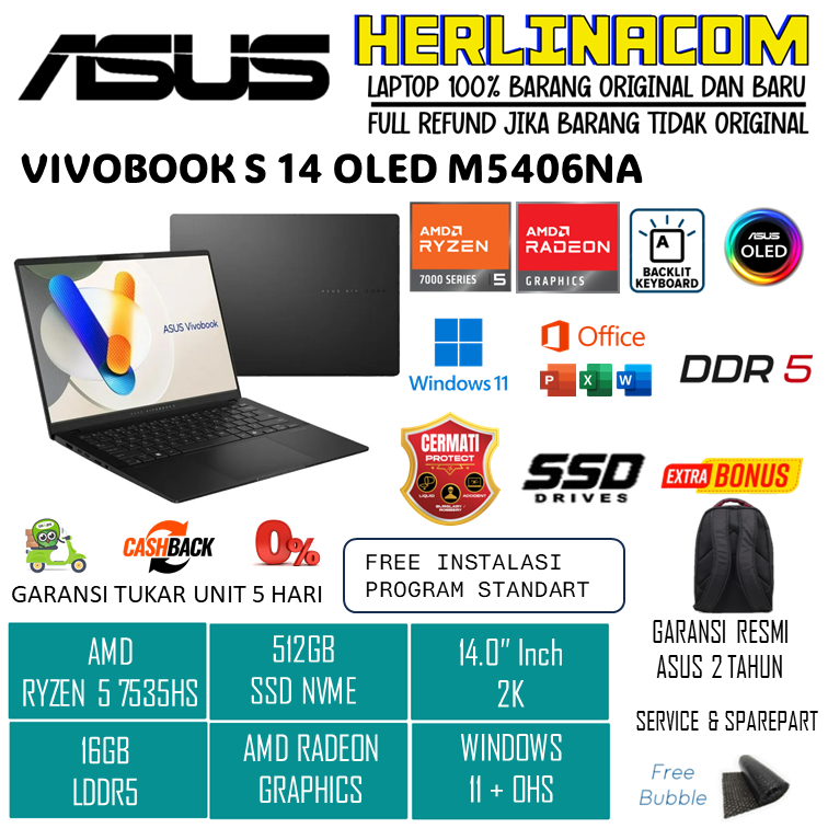 Jual LAPTOP ASUS VIVOBOOK S 14 OLED M5406NA RYZEN 5 7535HS 16GB 512GB ...