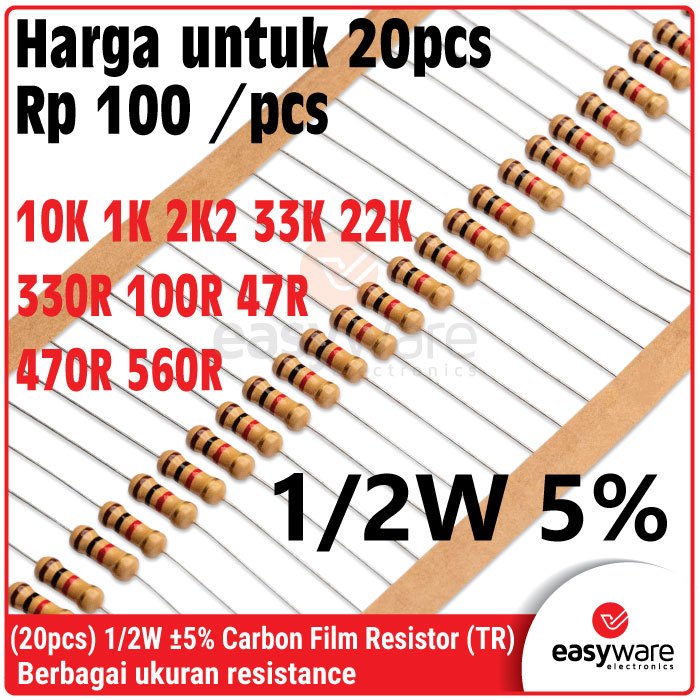Jual 20x Carbon Film Resistor 1/2W 5% 470R 10K 1K 330R 100R 2K2 33K 47R ...