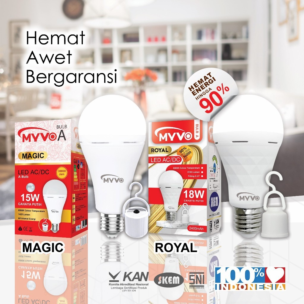 Jual Lampu LED MYVO ROYAL Bohlam Emergency AC/DC E27 Putih Murah Terang 9 12 18 Watt 9w 12w 18w ...
