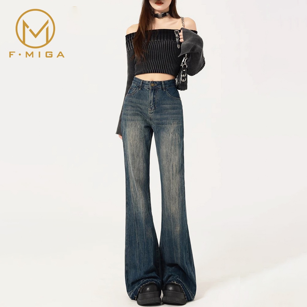 Jual F·MIGA C104 Highwaist Cutbray Flare Celana Jeans Panjang Wanita ...