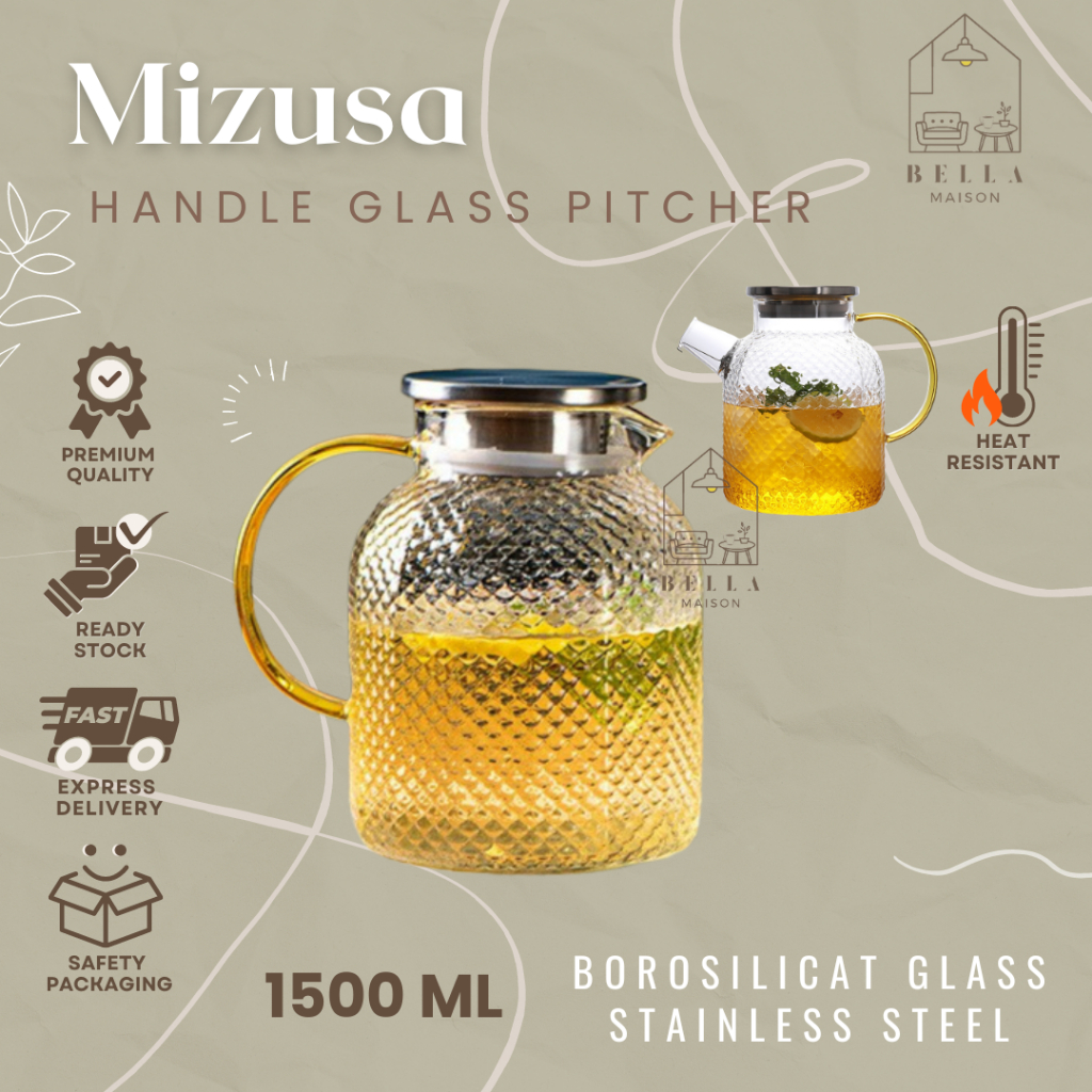Jual Teko Pitcher Kaca Tahan Panas Tutup Stainless MIZUSA Handle Glass ...