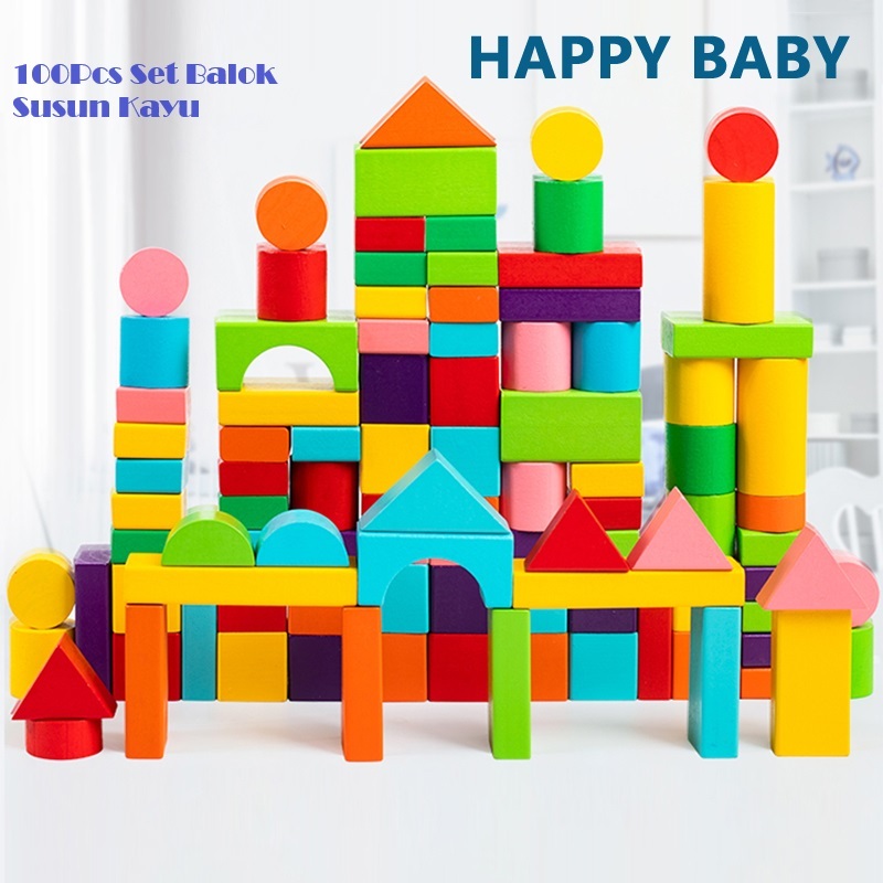 Jual Mainan Balok Susun Kayu building block 100 pcs Mainan Balok Susun ...