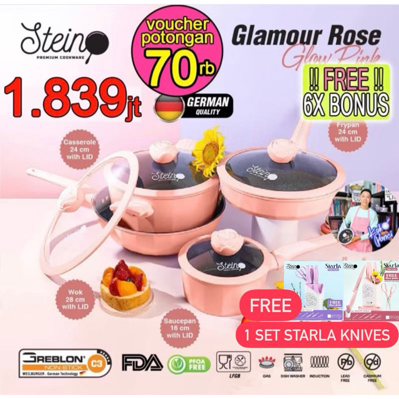 Jual (VOUCHER 70rb + 6X BONUS) Stein Steincookware GLAMOUR ROSE Set Series Granite Greblon ...
