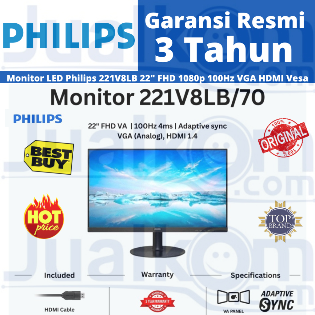 Jual Monitor LED Philips 221V8A 22 Inch 1080P VGA HDMI 75Hz Speaker ...