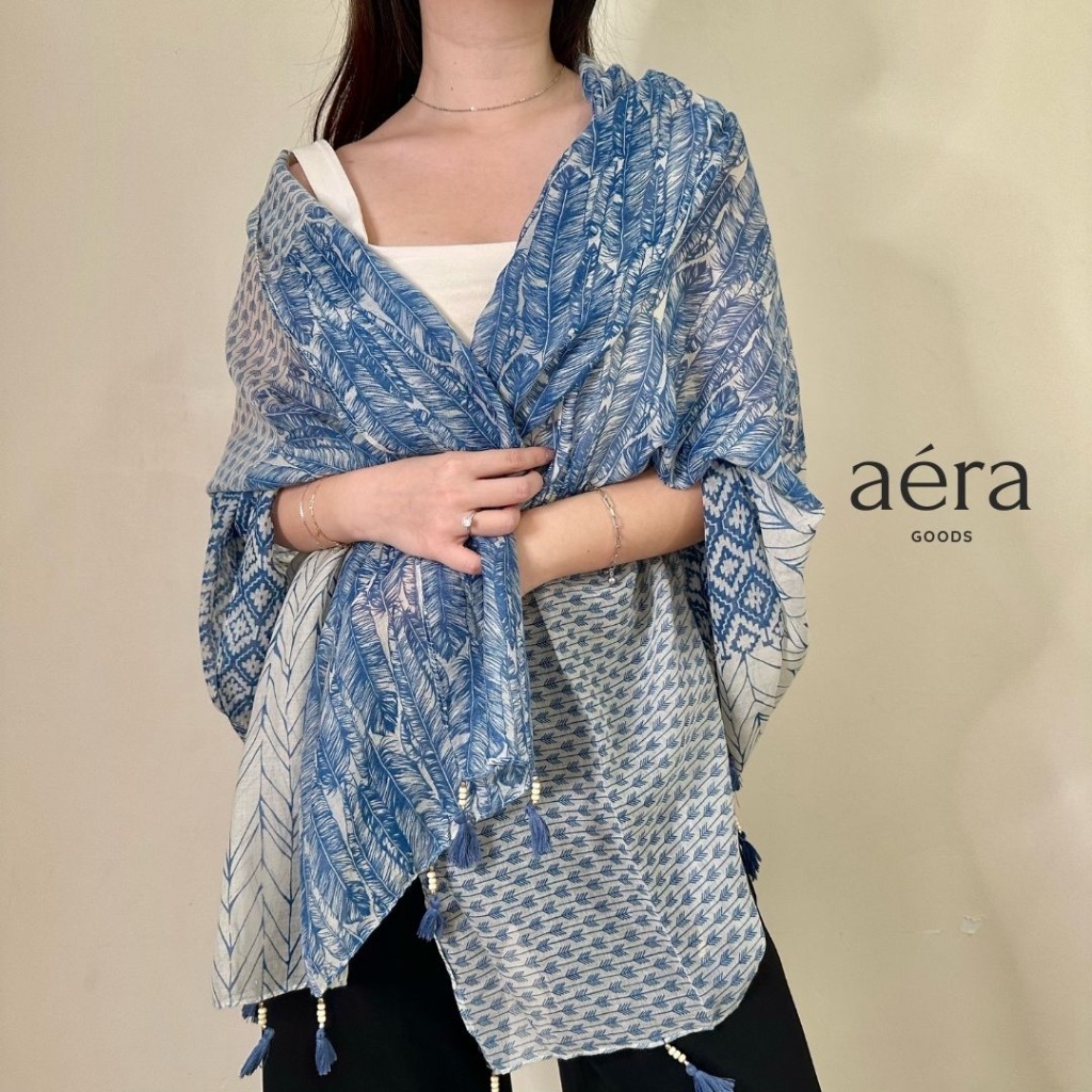 Jual AERA selendang shawl kain pasminah instant wanita biru putih SYL80 ...