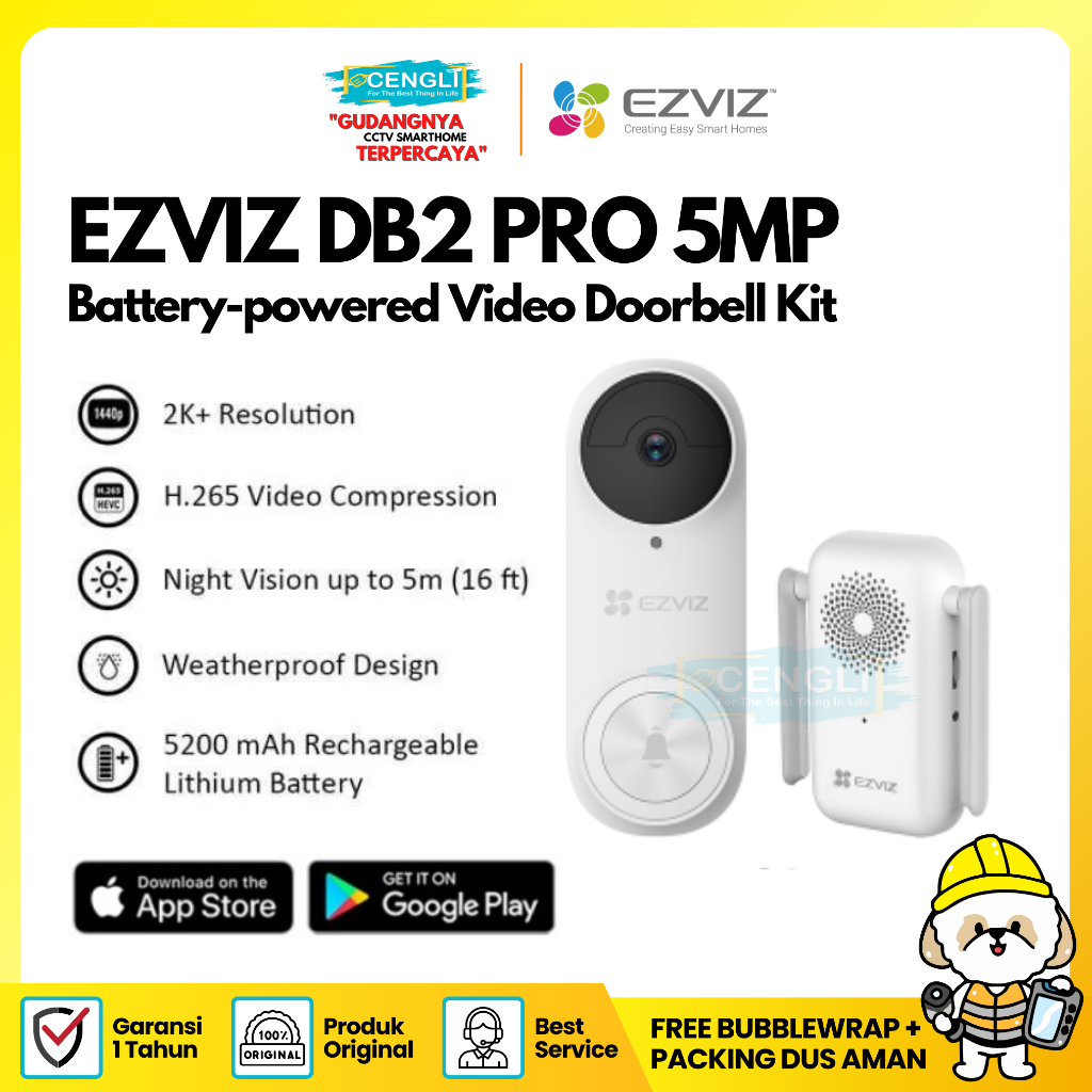 Jual Doorbell Ezviz DB2 Pro 5MP Battery-powered Video Doorbell Kit Bel ...