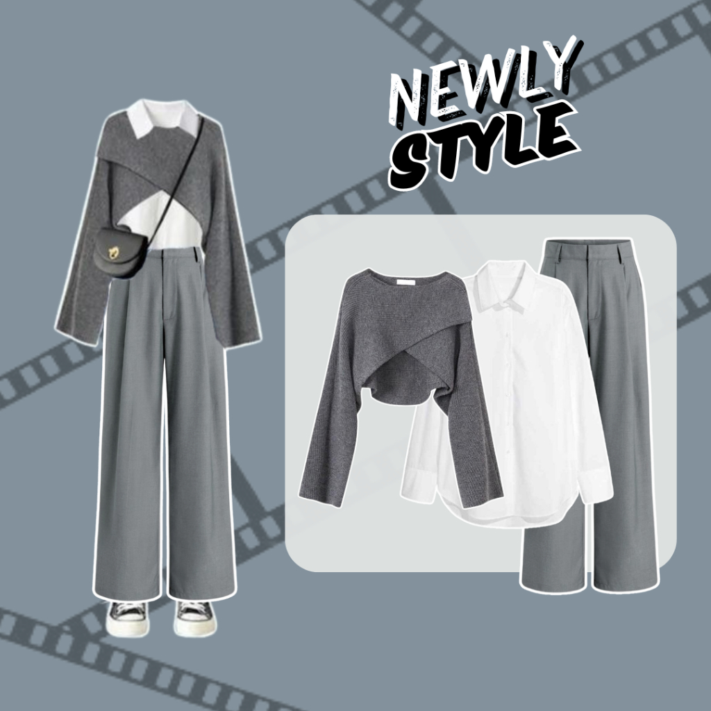 Jual 3IN1 oneset korean style - OOTD Setelan Wanita One Set Kekinian Vest Silang Grey Aesthetic ...