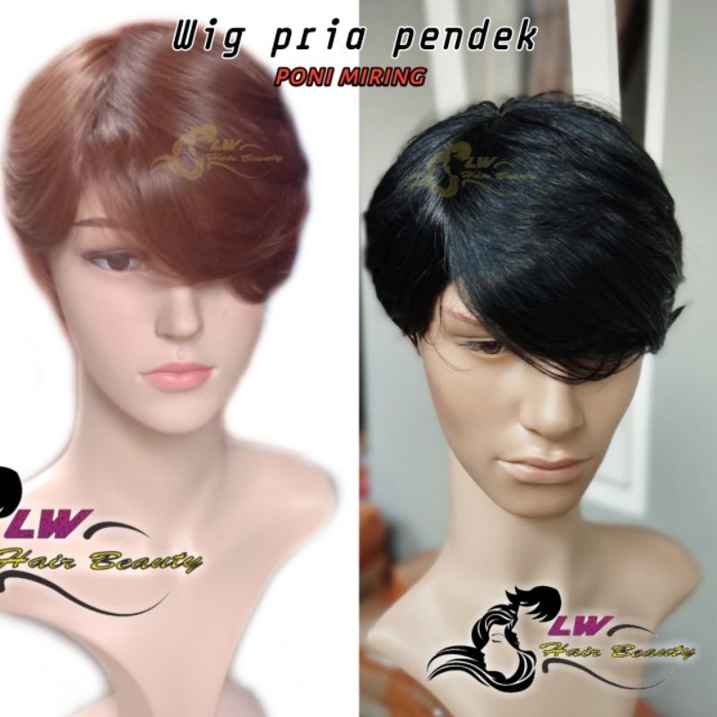 Jual Wig Rambut Palsu Pria Pendek Light Brown Hitam Poni Miring ...