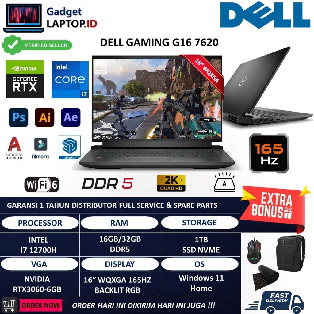 Jual laptop dell gaming G16 7620 Intel core i7 12700H ram 32gb ddr5 1tb ssd rtx3060 wqxga 165hz ...