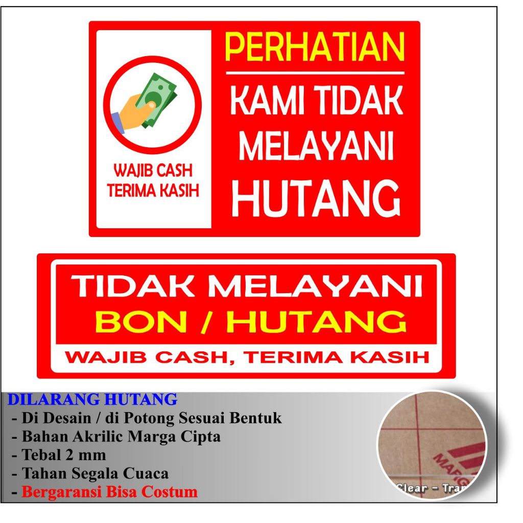 Jual AKRILIK TIDAK MENERIMA HUTANG BON WAJIB CASH STIKER SIGNAGE ...