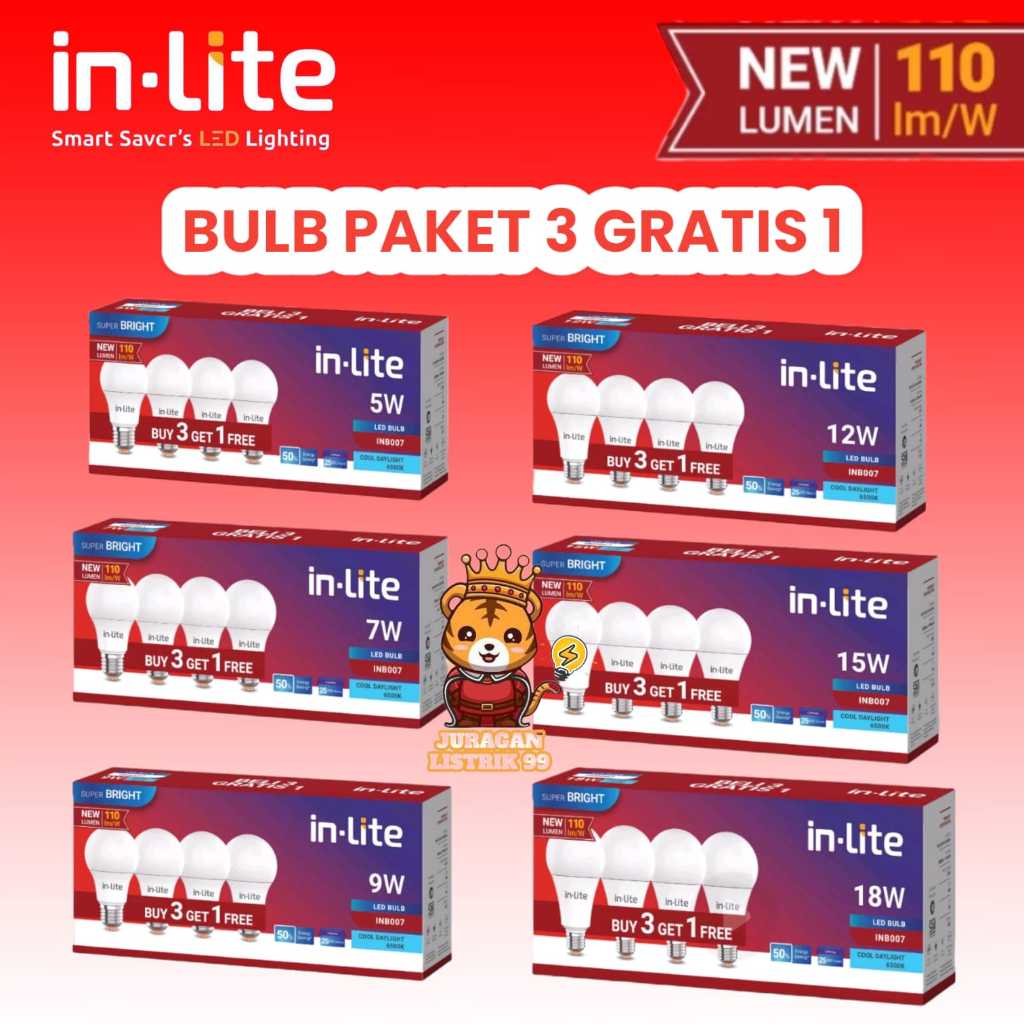 Jual INLITE - PAKET HEMAT 3 GRATIS 1 LAMPU LED BULB INB007 5W 7W 9W 12W 15W 18W / LAMPU LED ...