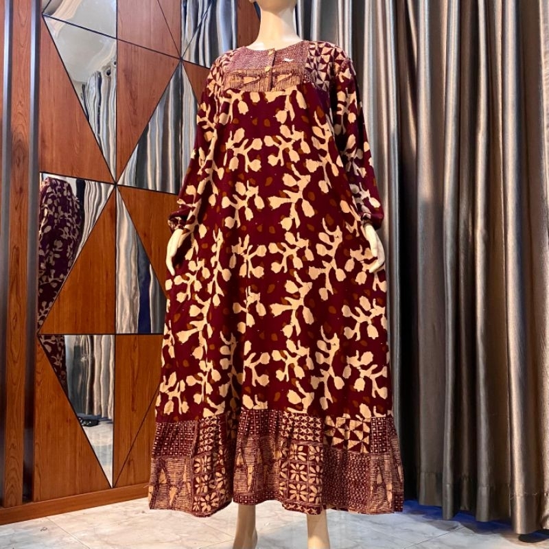 Jual jumbo gamis longdress wiru batik handprint kancing depan | Shopee ...