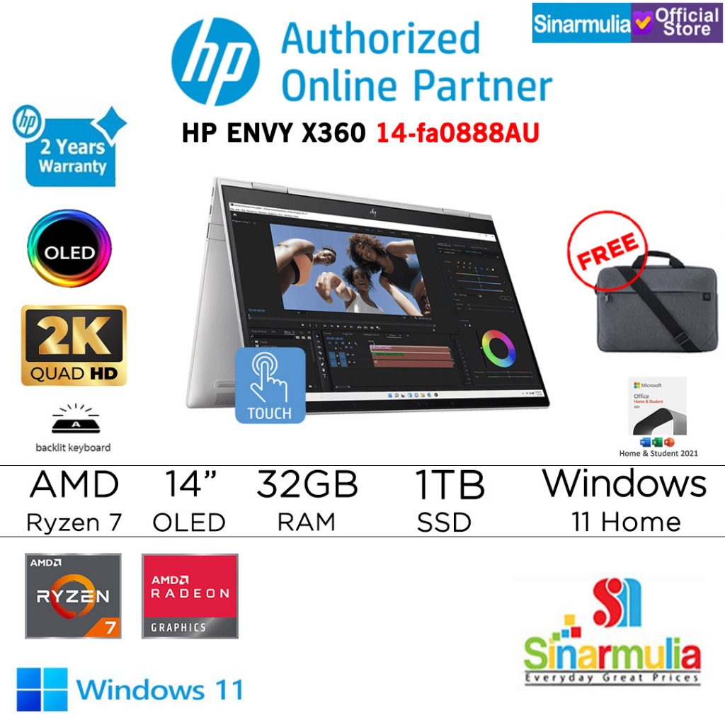 Jual HP ENVY X360 14-fa0888AU Ryzen 7 8840HS 1TB SSD 32GB OLED 2.8K Touch Win11+OHS | Shopee ...
