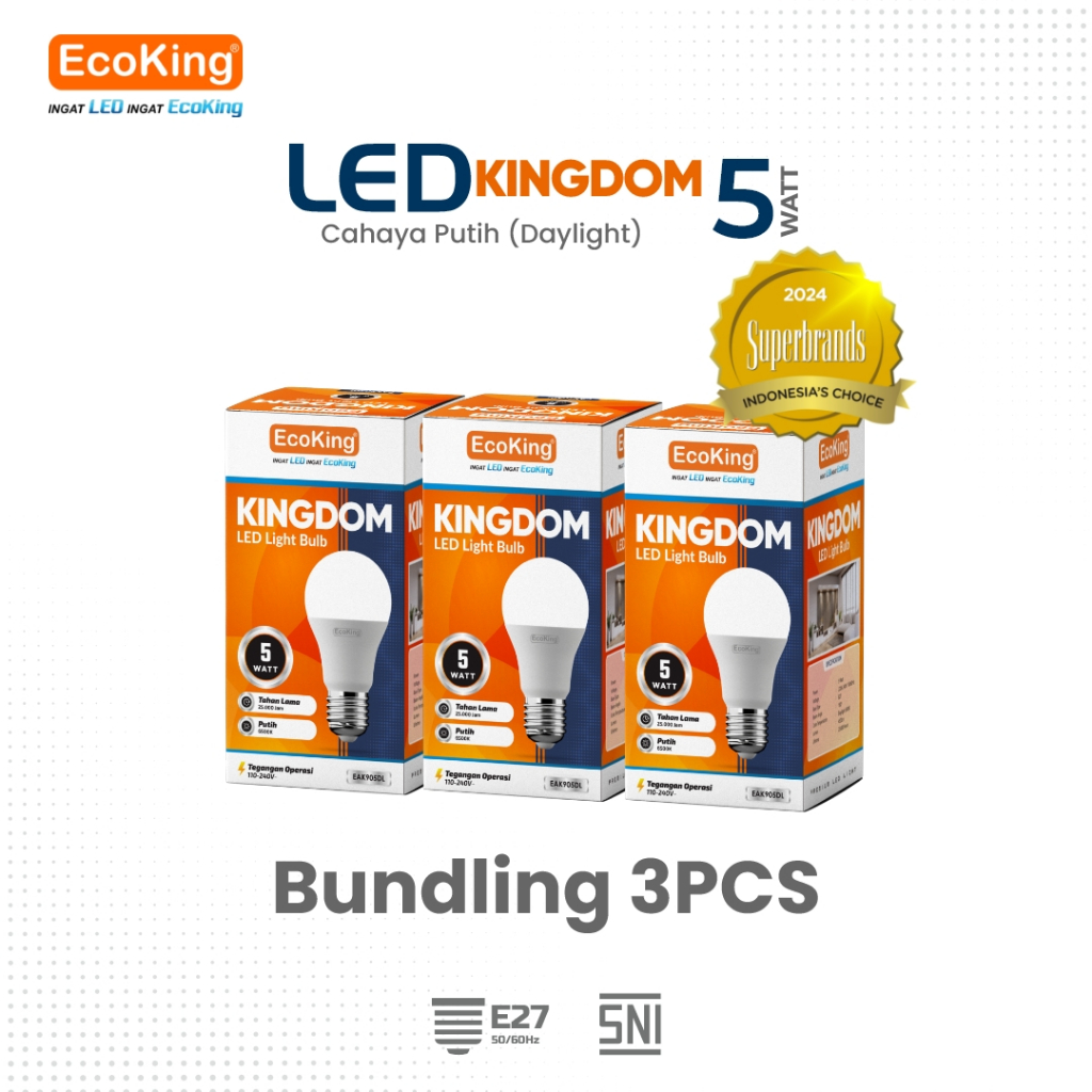 Jual EcoKing Lampu Rumah Bohlam Murah LED Kingdom 5W 3 PCS Cahaya Putih ...