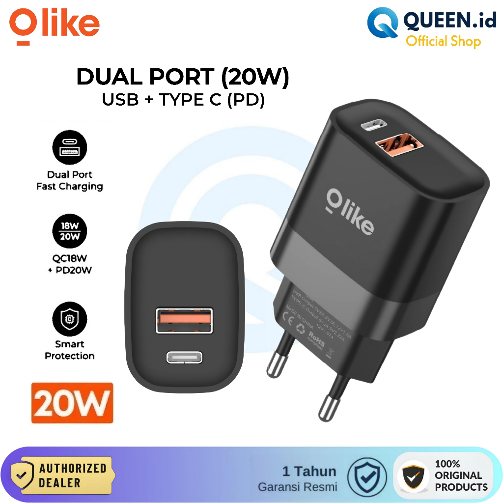 Jual Olike C400 Charger Adaptor Dual Port USB + TYPE C PD QC 20W 3A ...