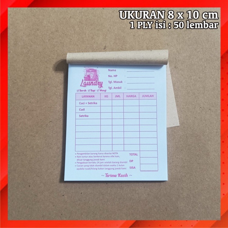 Jual Nota Laundry Mini 1 Ply Merah Satuan Hvs Kwitansi Struk Setrika ...