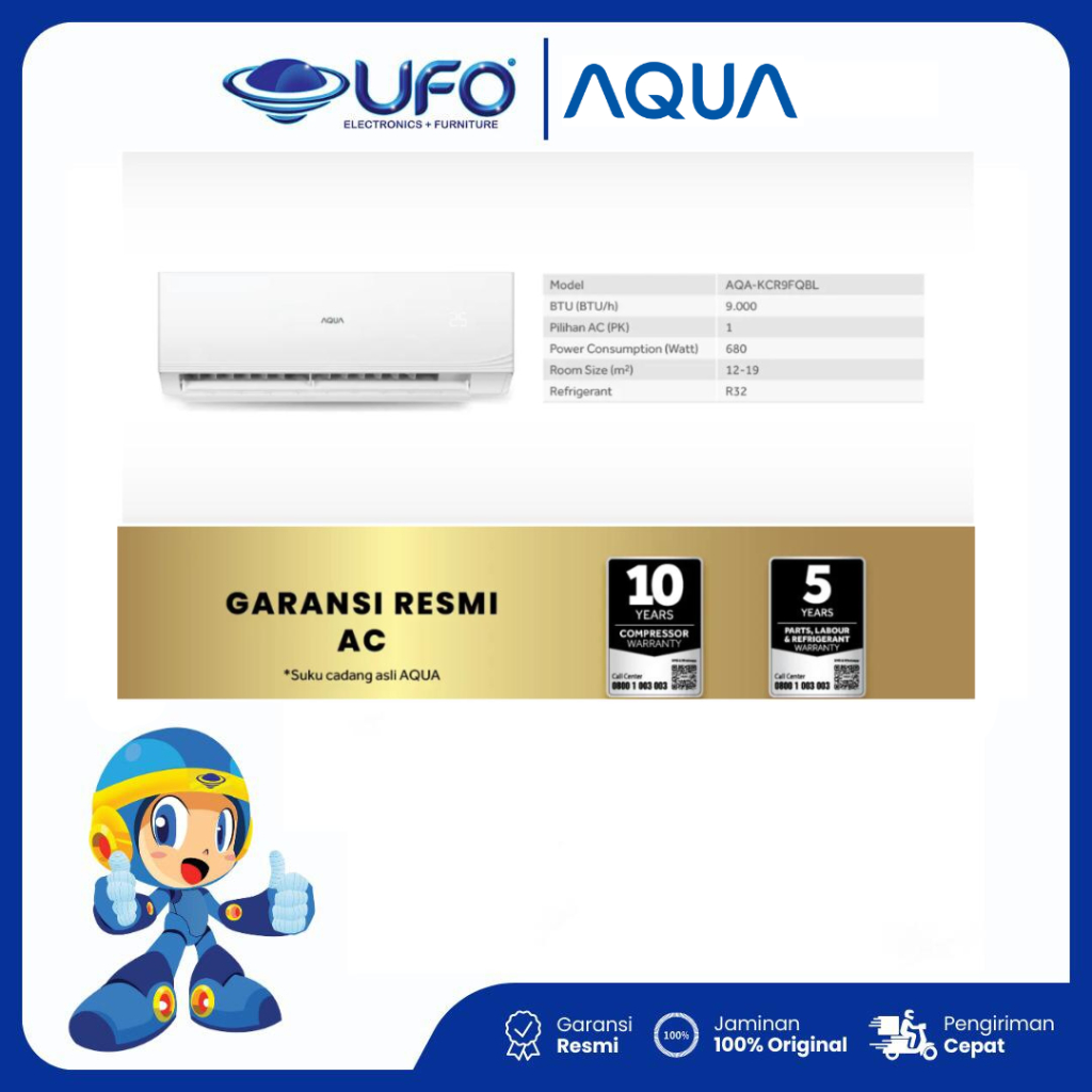 Jual Aqua AC AQA-KCR9FQBL UV COOL STANDARD AC Standar 1PK with UVC Pro ...
