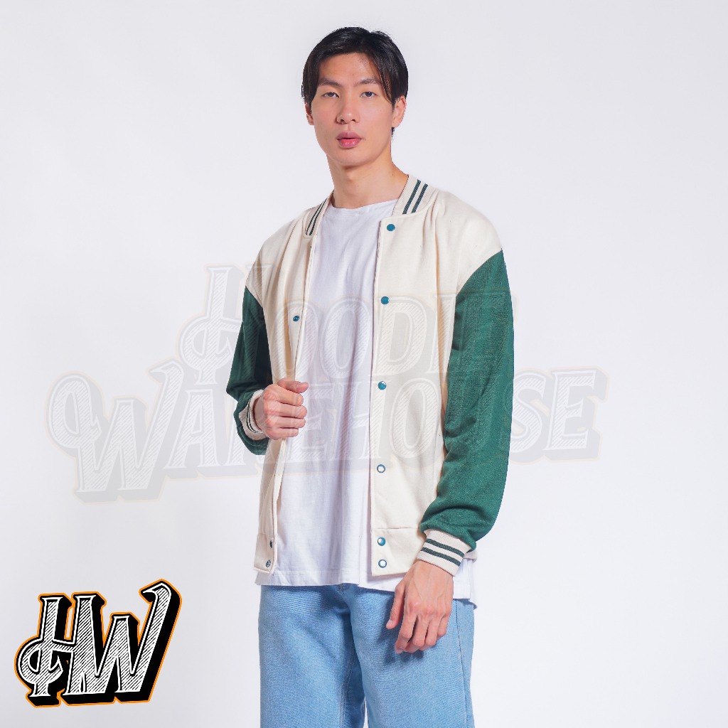 Jual Jaket Basebal Varsity Kancing Cream Tangan Hijau Polos Pria dan ...