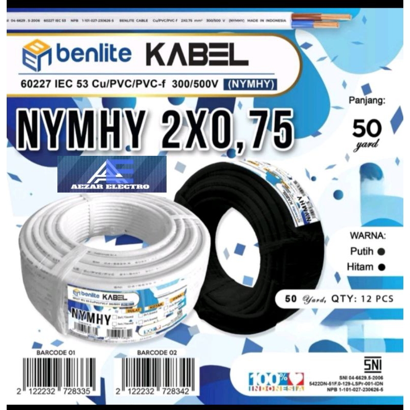 Jual Kabel Listrik NYM HYO 2x1,5mm 2x0,75mm 50M SNI Serabut Tembaga Hitam Putih Benlite | Shopee ...