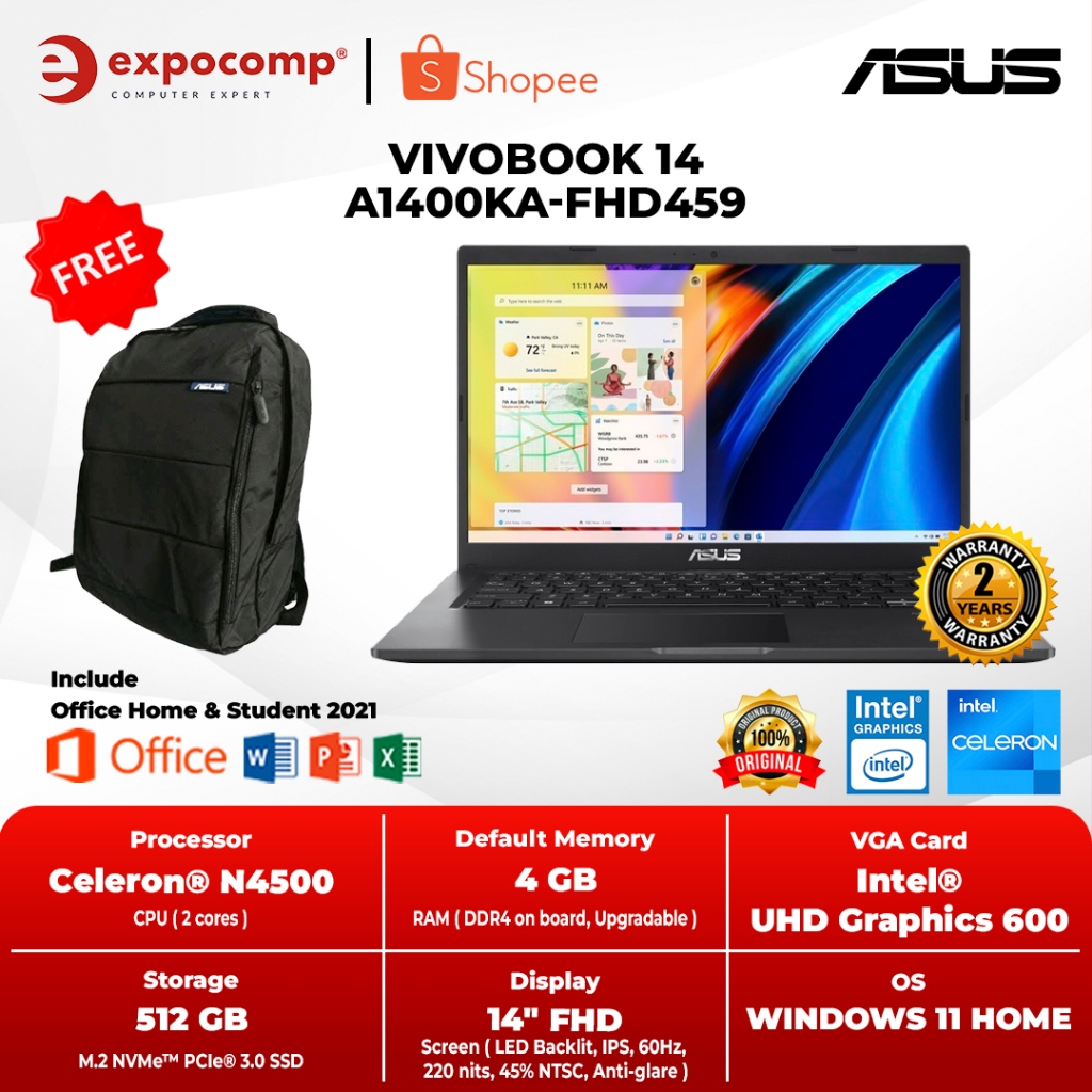 Jual ASUS VIVOBOOK 14 A1400KA-FHD459 INTEL CELERON N4500 4GB 512GB W11 ...