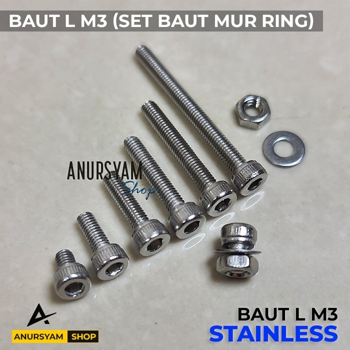 Jual Baut L M3 + Mur + Ring Set Stainless / Baut L Stainless / Baut M3 Set | Shopee Indonesia