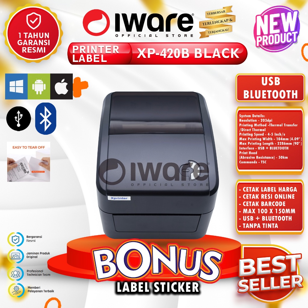 Jual Iware Barcode Thermal Label Resi Harga Xprinter XP-420B Black Usb+Bluetooth Best Seller ...