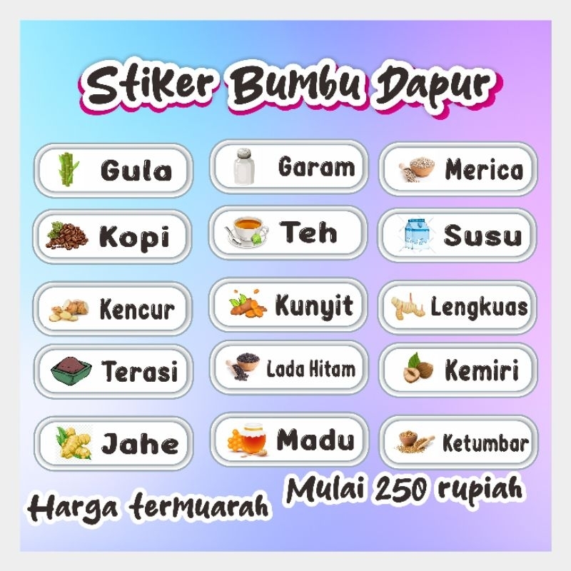 Jual STIKER BUMBU DAPUR GULA GARAM MERICA LENGKAP DENGAN GAMBAR/ STIKER ...