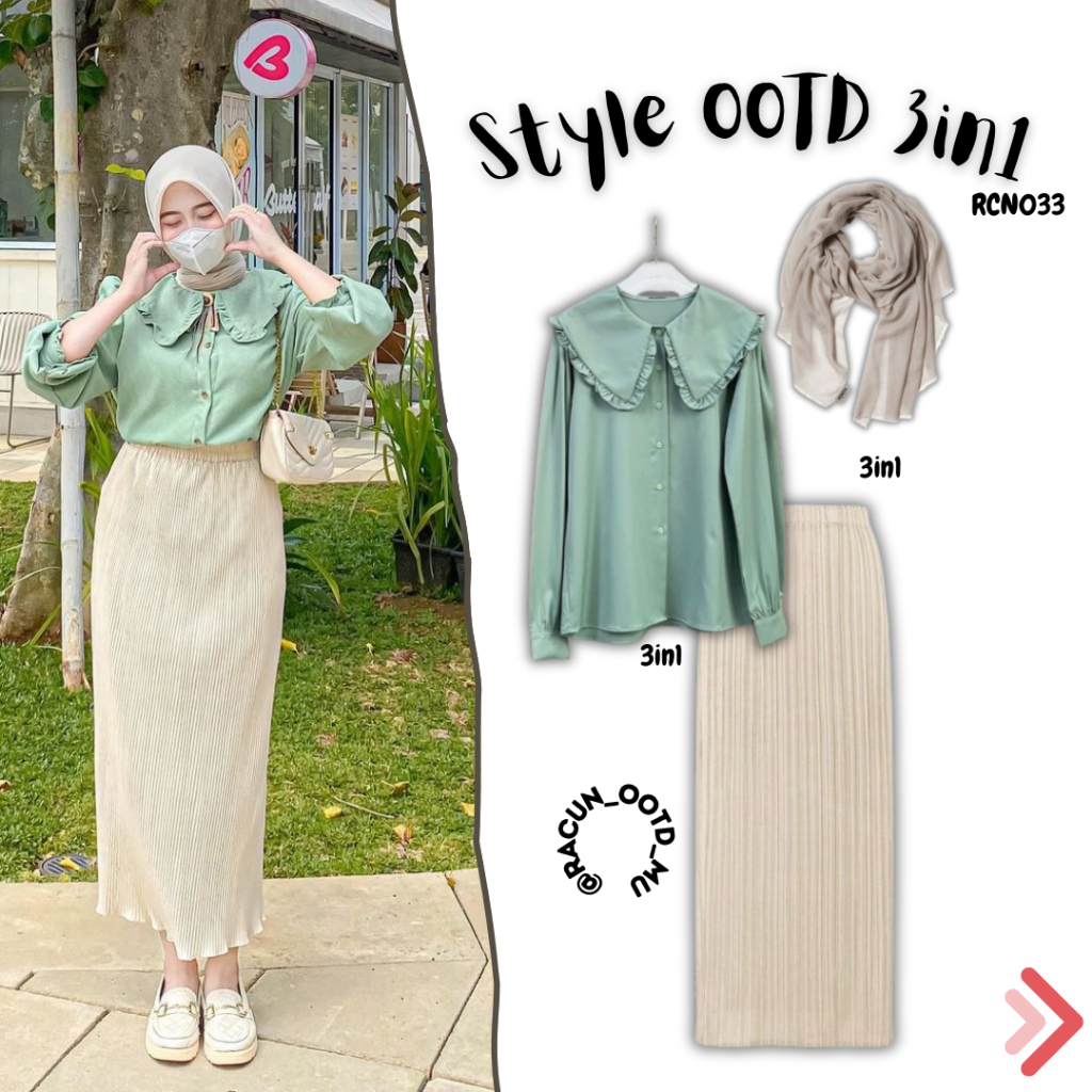 Jual OOTD One Set 3in1 Kekinian Wanita Kemeja Korea Rempel | Rok Span ...