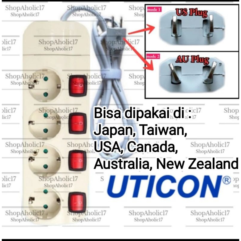Jual UTICON Stop Kontak Travel Taiwan Jepang US Plug Australia AU Plug ...