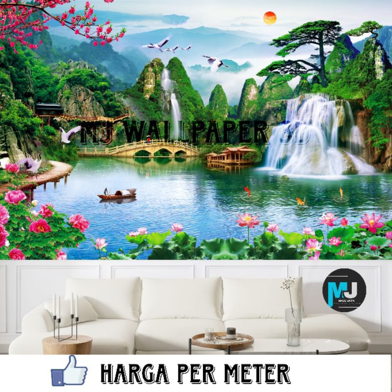 Jual wallpaper dinding air terjun 3D, wallpaper custom 3D waterfall ...