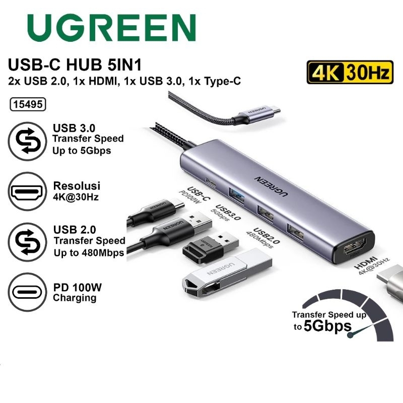 Jual UGREEN 15495 Adapter USB-C Hub 5 in 1 USB 3.0 HDMI USB-C 100W | Shopee Indonesia