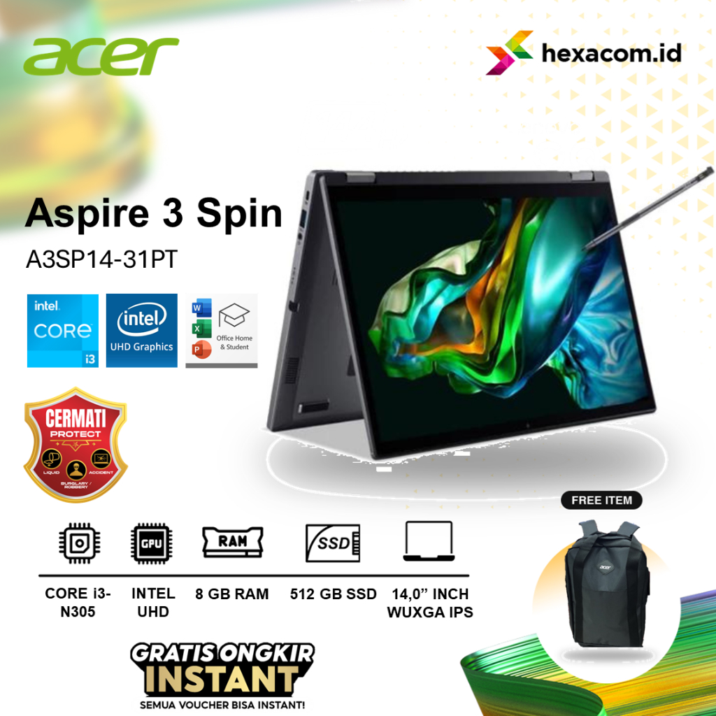 Jual Laptop Acer Aspire 3 Spin A3SP14 2in1 i3-N305 8GB 512GB Windows 11 ...