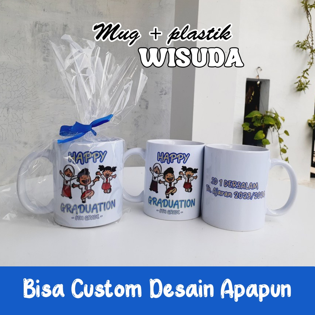 Jual Souvenir Mug Wisuda Custom Desain Sablon sudah plus Plastik Custom ...