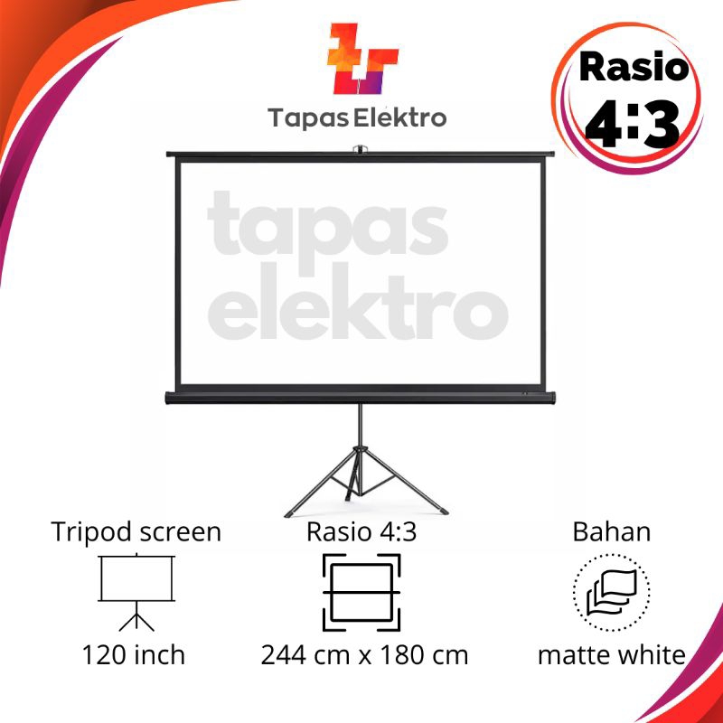 Jual Layar Proyektor Tripod 120 Inch Rasio 4:3 (244 cm x 180 cm ...