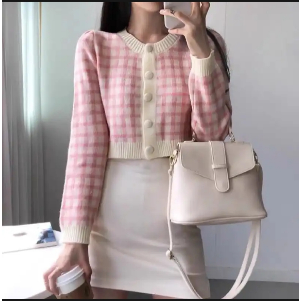 Jual Cardigan Crop Top Knit Korean Style Rajut Lengan Panjang Outer Atasan Wanita | Shopee Indonesia