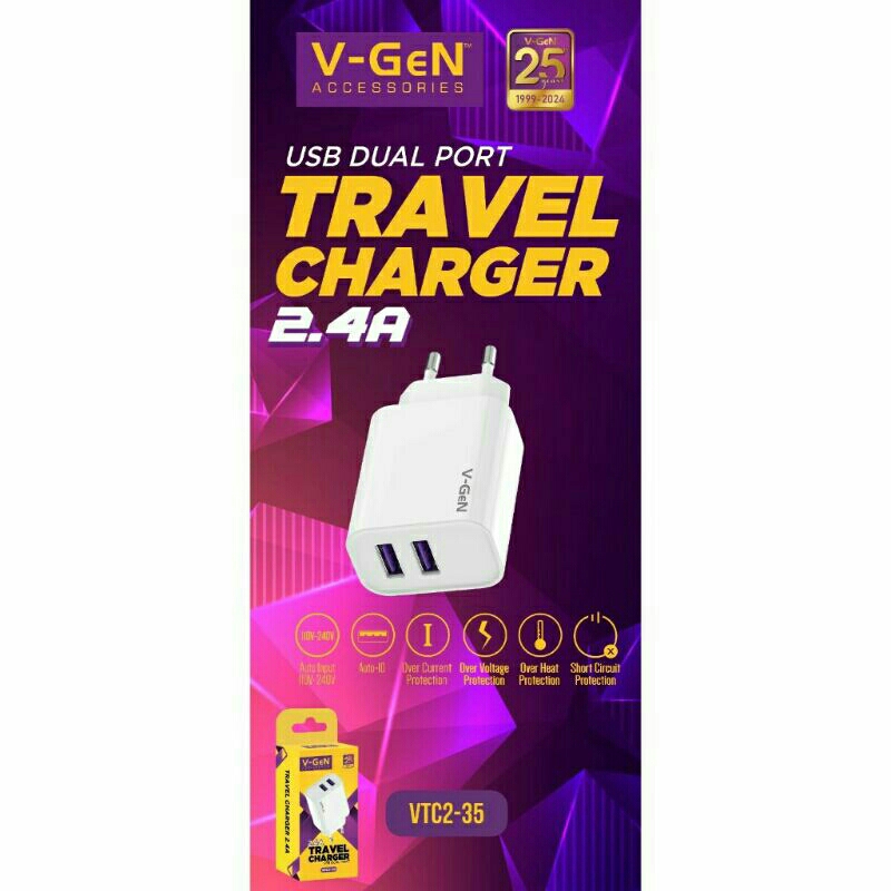 Jual Adaptor Charger USB Dual Port V-Gen VTC2-35 Travel Casan 2.4A ...