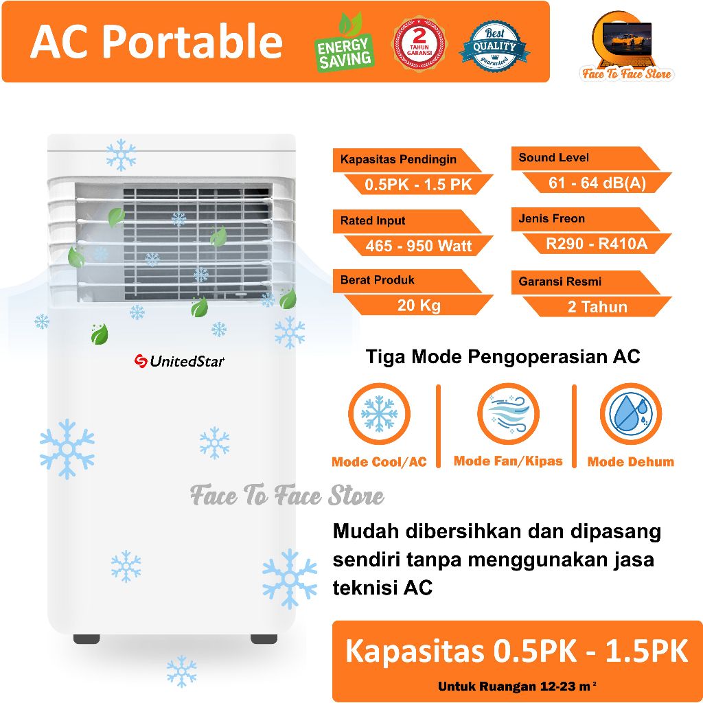 Jual AC Portable Ruangan 1/2PK 3/4PK 1PK 1.5PK 2PK.Low Watt.UnitedStar ...