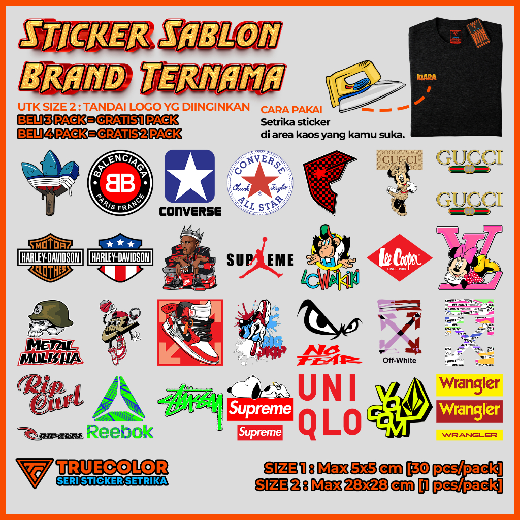 Jual TRUECOLOR (2 Size) Sticker Sablon Setrika Merek Terkenal Bahan ...