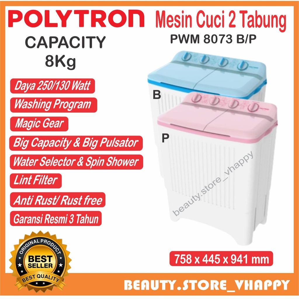 Jual Mesin Cuci 2 Tabung POLYTRON PWM 8073 8 KG Low Watt Garansi Resmi ...