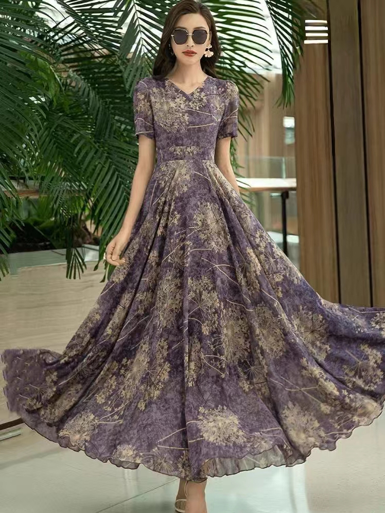 Jual 9067-Musim panas rok besar gaun sifon bunga pinggang ramping ...