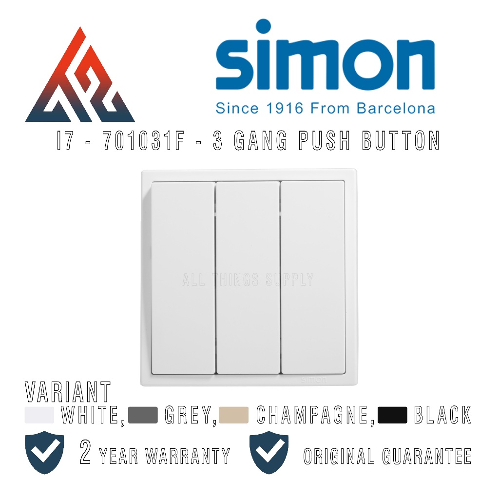 Jual Simon I7 Saklar Push Button 3 Gang 16A - 701031F | Shopee Indonesia