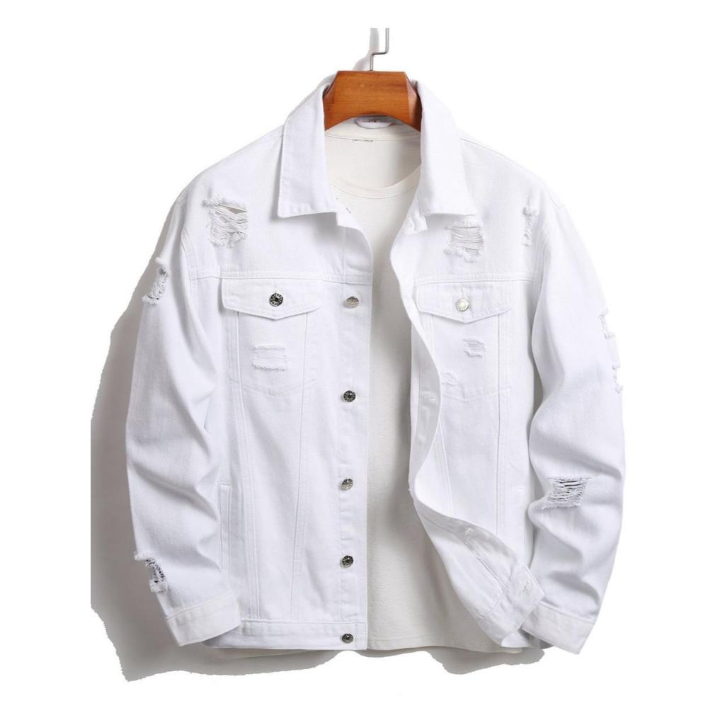Jual Jaket jeans sobek putih polos bahan denim atasan pria keren distro ...