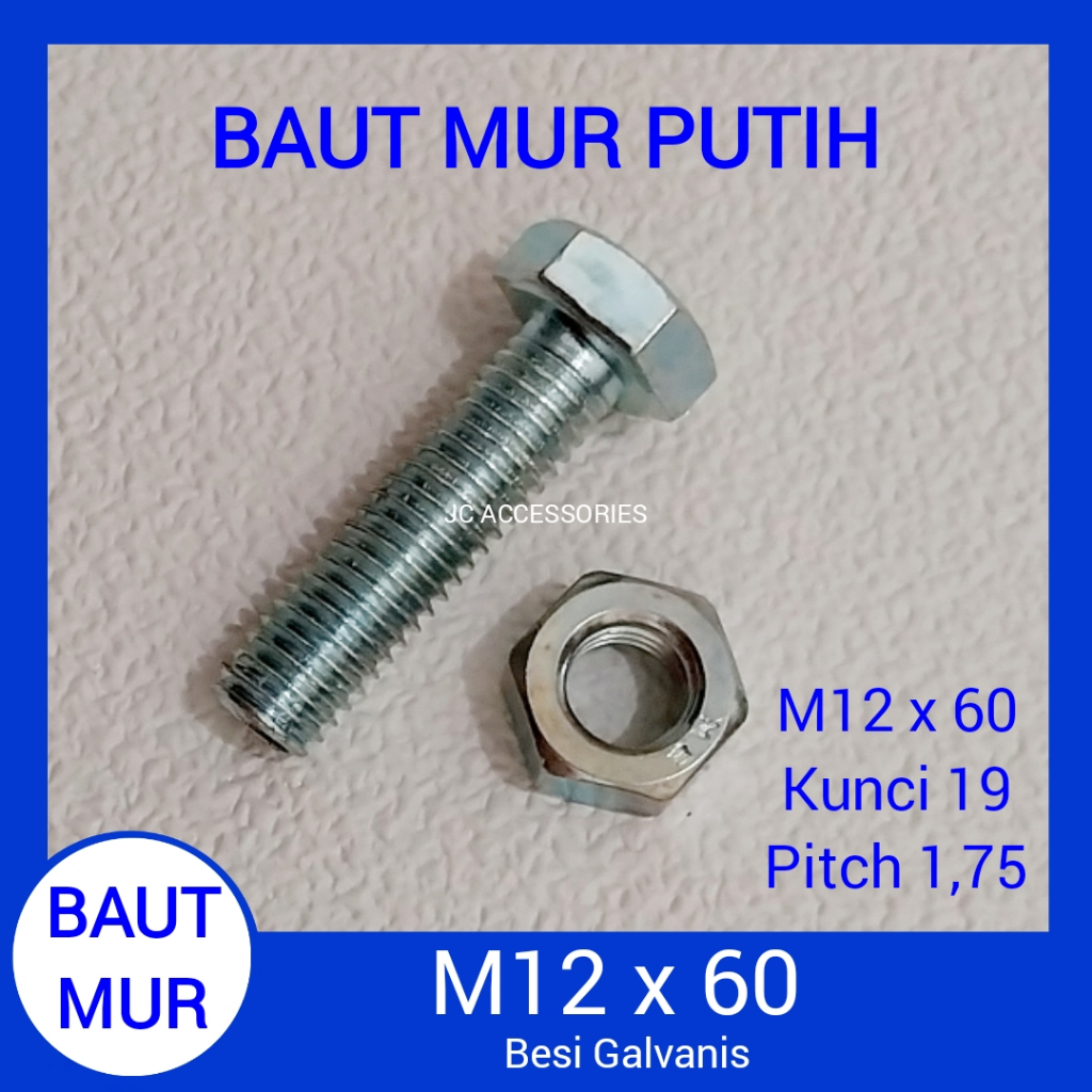 Jual BAUT MUR PUTIH M12 x 60 KUNCI 19 PITCH 1,75 BMP M12x60 BMH HEXA ...